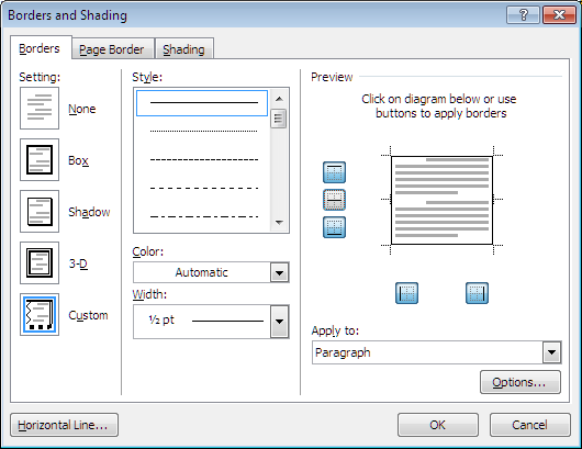 Using Borders in Word 2007 and above